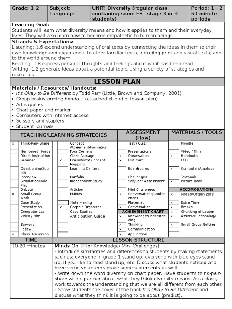 Esl Lesson Plan - Diversity | PDF | Lesson Plan | English As A Second ...