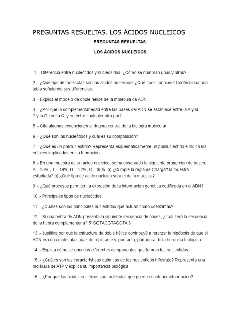 Preguntas Resueltas | Ácidos nucleicos | Adn