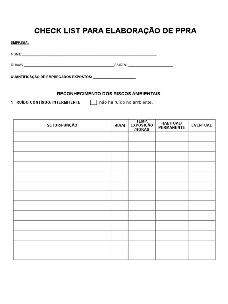 Checklist para Elaboração de PPRA Modelo 1 | PDF | Fatores humanos e ...