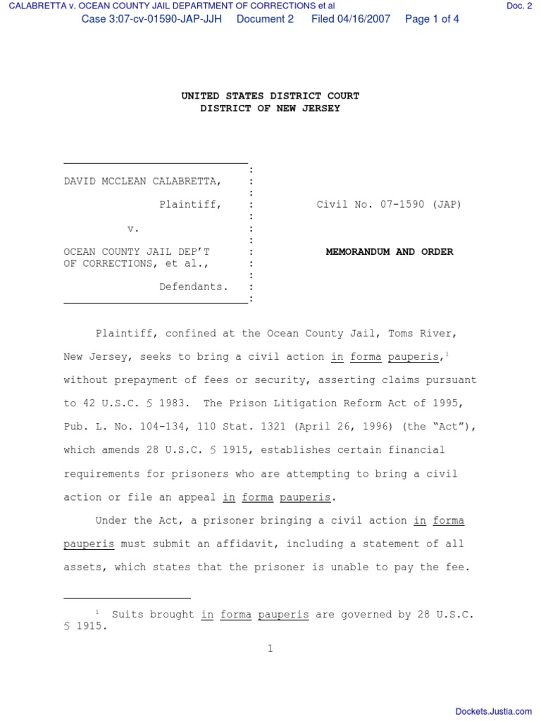 CALABRETTA v. OCEAN COUNTY JAIL DEPARTMENT OF CORRECTIONS Et Al ...
