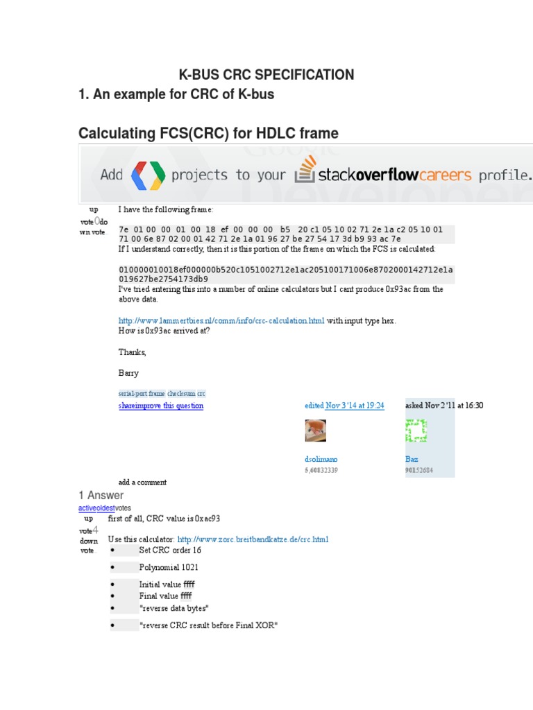 Calculating FCS (CRC) For HDLC Frame: K-Bus CRC Specification 1. An ...