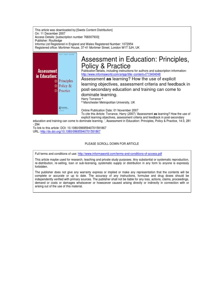 Assessment For Learning Torrance | PDF | Gce Advanced Level (United Kingdom) | Educational ...