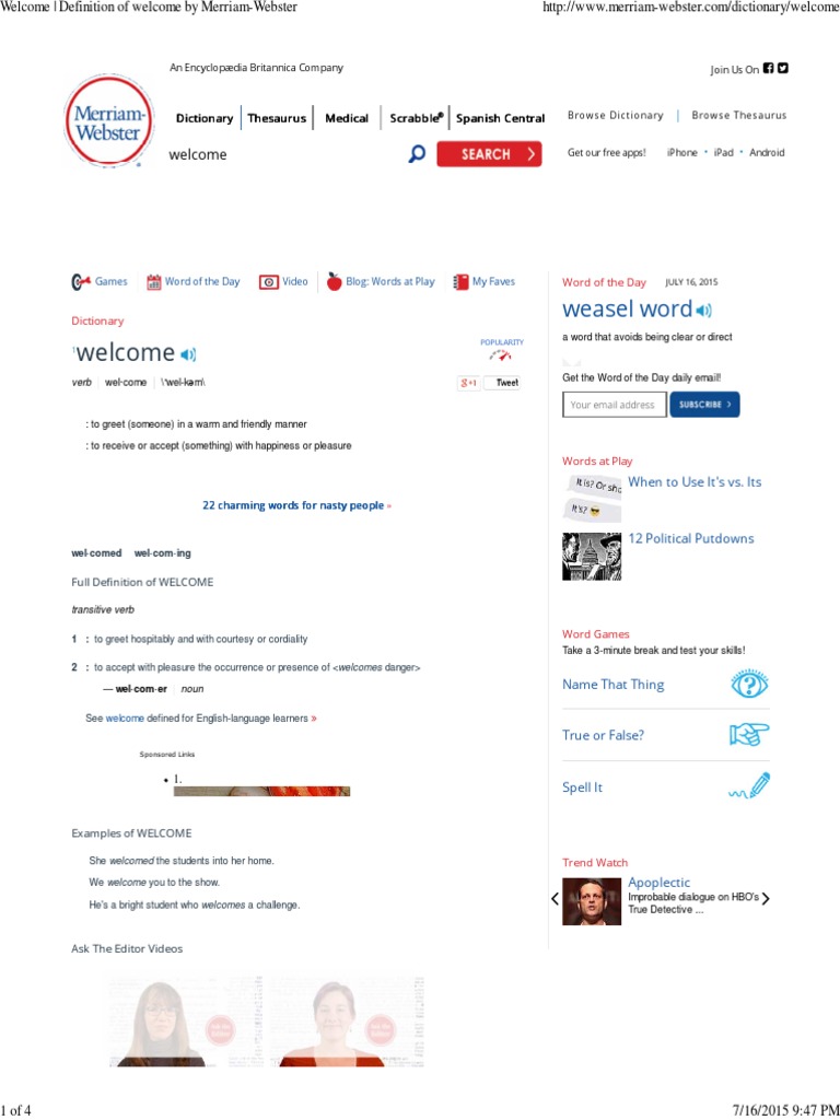 Welcome _ Definition of Welcome by Merriam-Webster | Dictionary ...