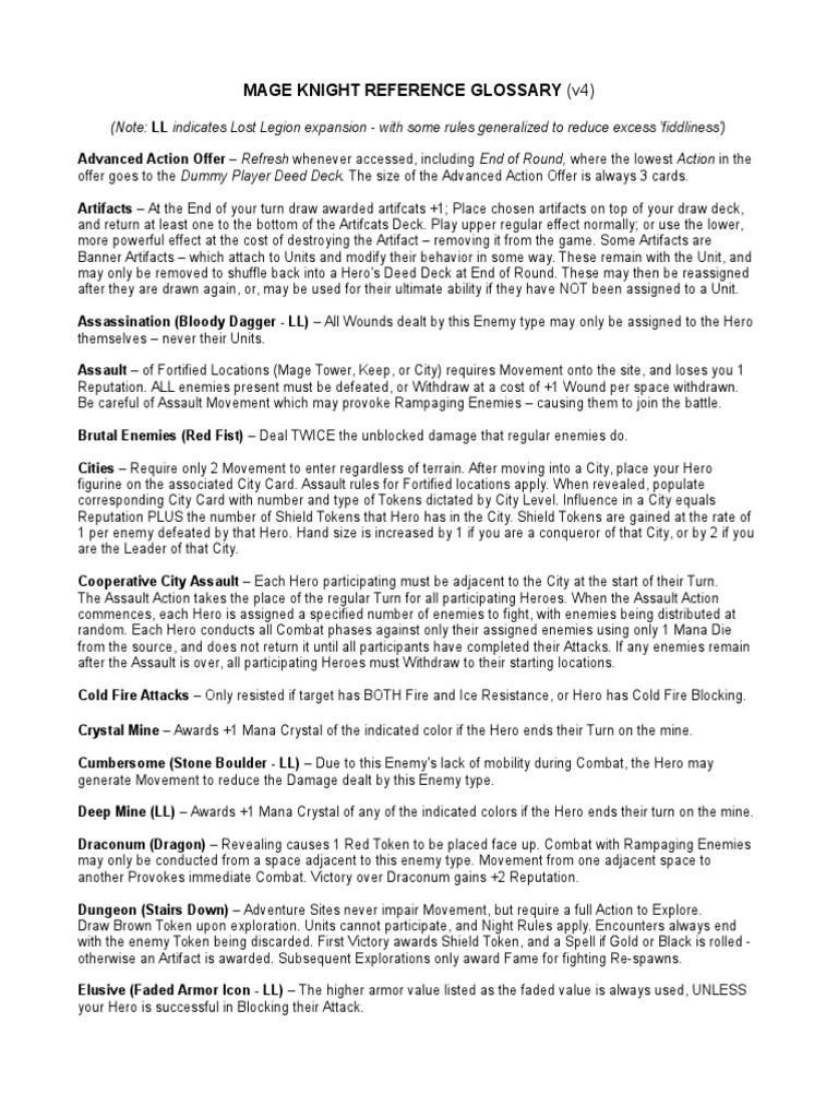 Mage Knight Reference Glossary v4 | PDF | Fortification | Unrest
