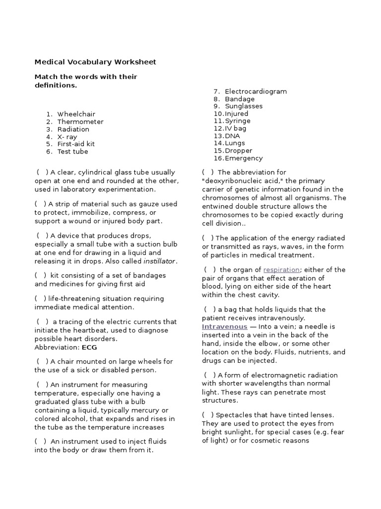 Medical Vocabulary Matching Worksheet | PDF