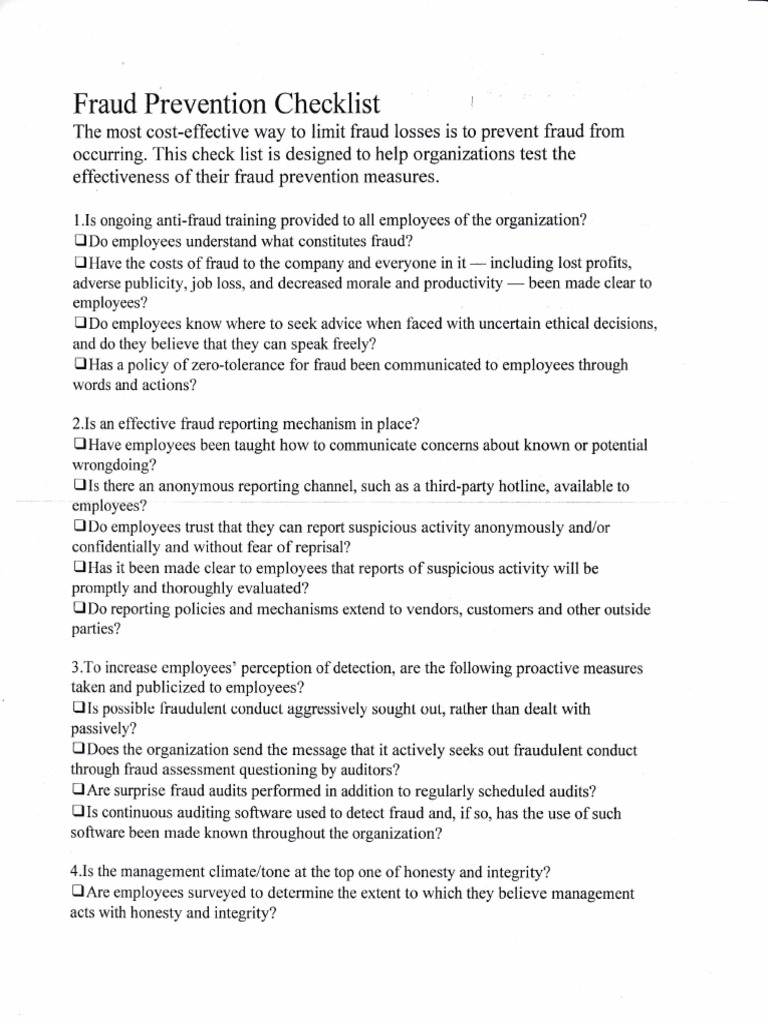 fraud check list | Fraud | Audit