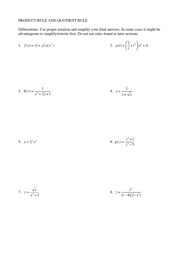 Product Rule and Quotient Rule Differentiate. Use | PDF