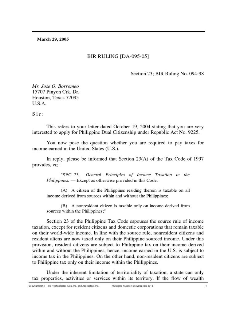 Bir Ruling Da 095 05 | Income Tax | Taxes