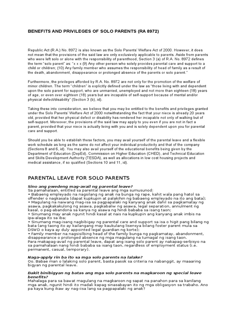 Benefits and Privileges of Solo Parents | Welfare | Parental Leave