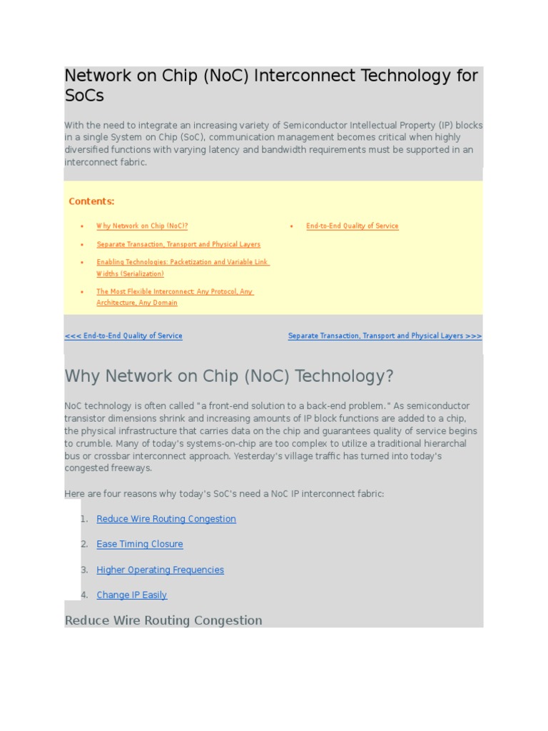 Network On Chip (Noc) Interconnect Technology For Socs | PDF | Quality ...