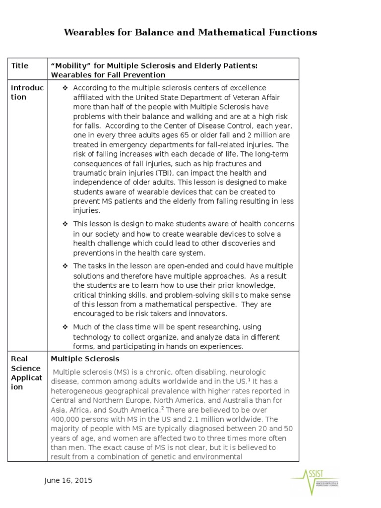 Lesson Plan: Balance Wearable and Functions | PDF | Multiple Sclerosis ...