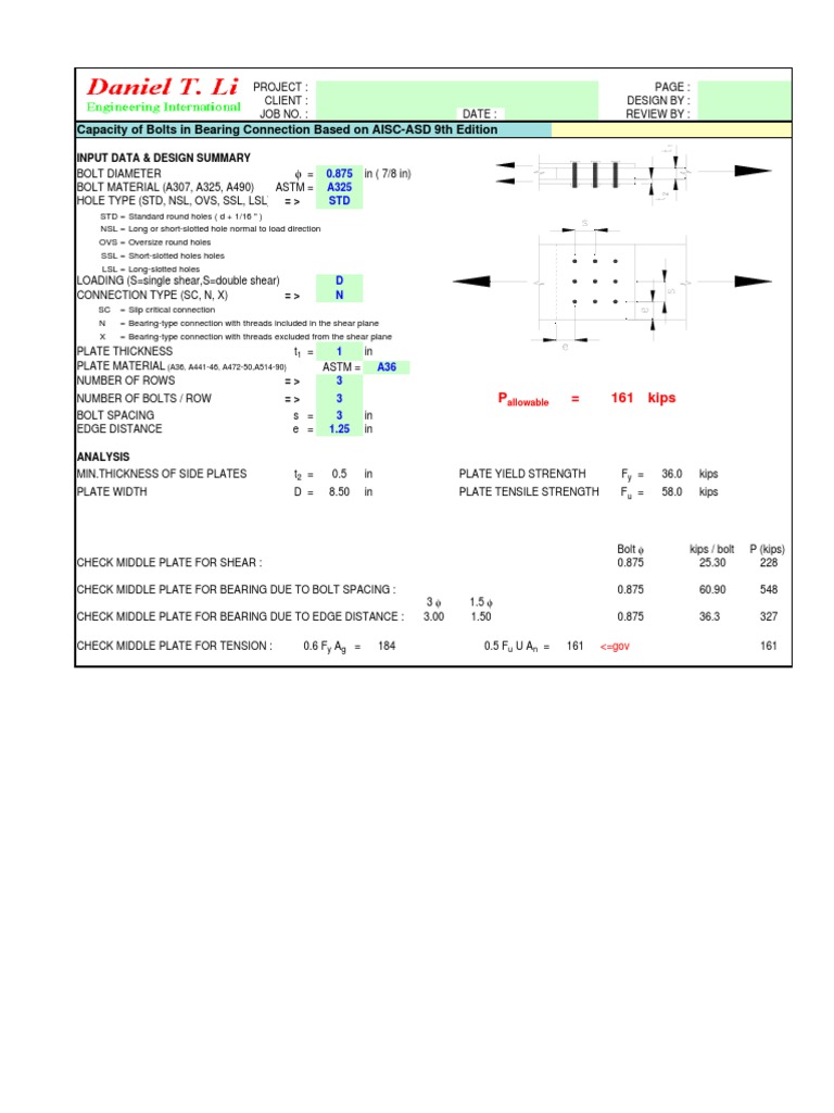 Capacity of Bolts in Bearing Connection Based On AISC-ASD 9th Edition ...