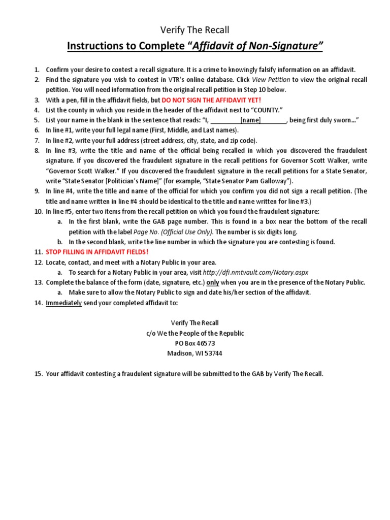 Affidavit of Non-Signature Instructions | PDF | Notary Public | Affidavit