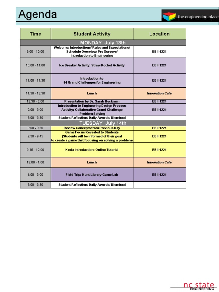 Engineering Summer Camp Agenda | PDF