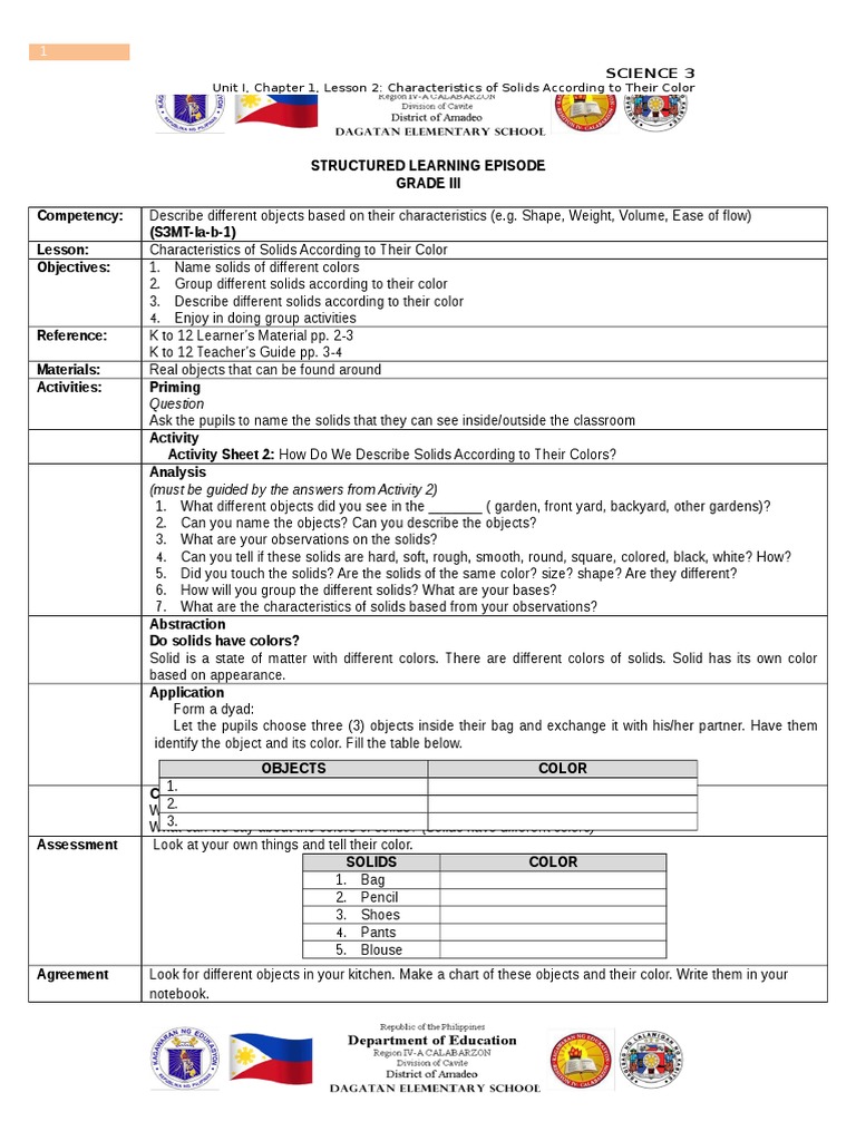 SLE Lesson 2 - Characteristics of Solids According To Their Color | PDF ...