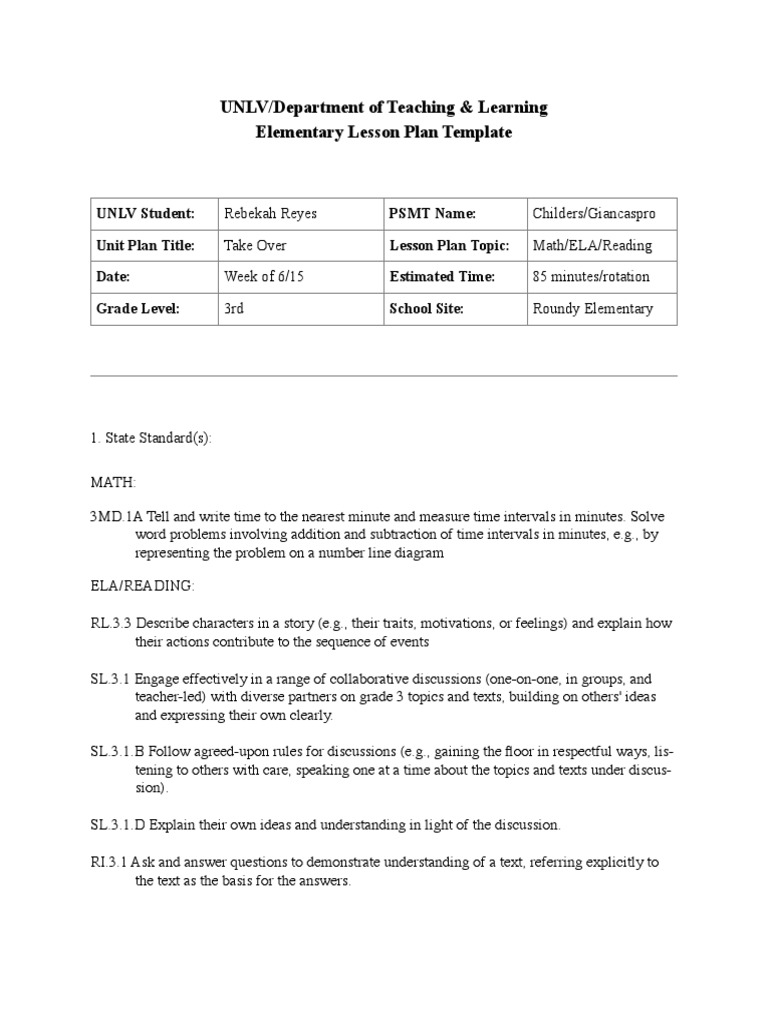 UNLV/Department of Teaching & Learning Elementary Lesson Plan Template ...