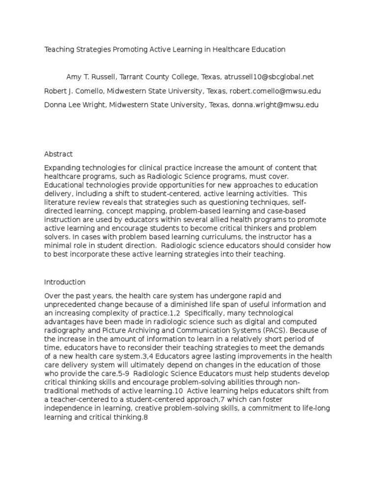 Teaching Strategies Promoting Active Learning in Healthcare Education ...