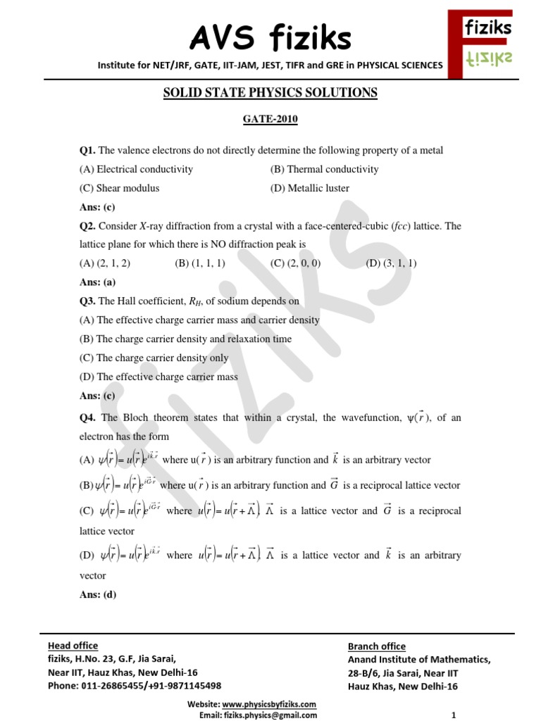 7.solid State Physics - GATE 2010 - 2013 | PDF | Semiconductors | Superconductivity