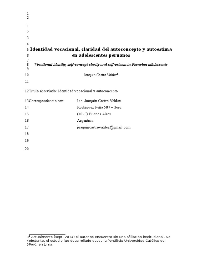 Identidad Vocacional, Claridad Del Autoconcepto y Autoestima en ...