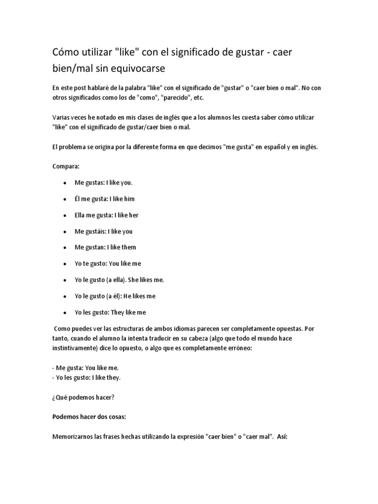 Cómo Utilizar Like | PDF | Asunto (gramática) | Lingüística