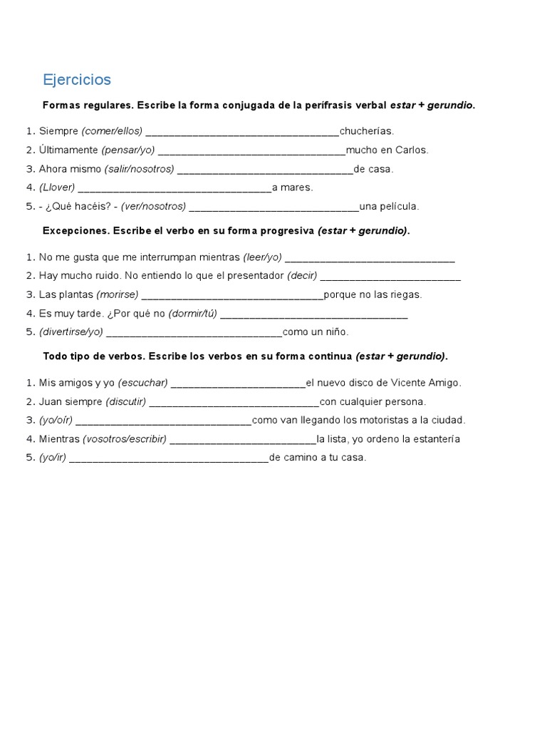 Ejercicios sobre la forma progresiva (estar + gerundio) en español | PDF