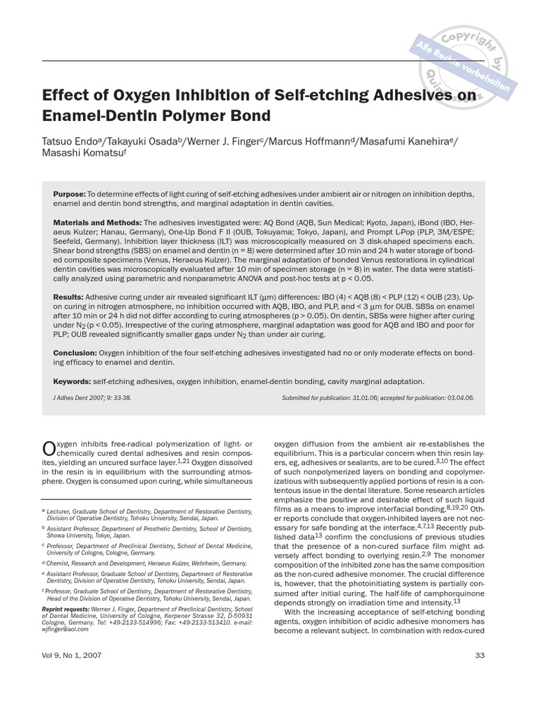 Oxygen Inhibition of Self-Etching Adhesives | PDF | Dental Composite ...