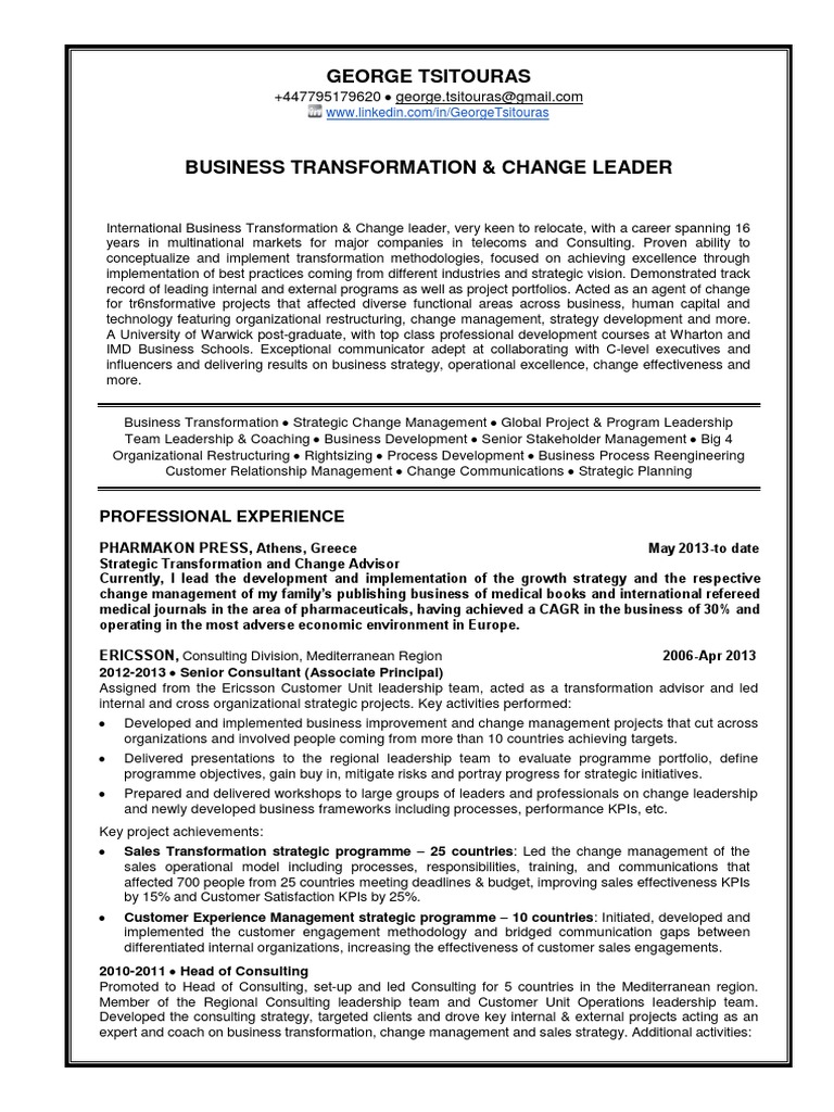 Head Change Projects Business Transformation in Middle East Resume ...