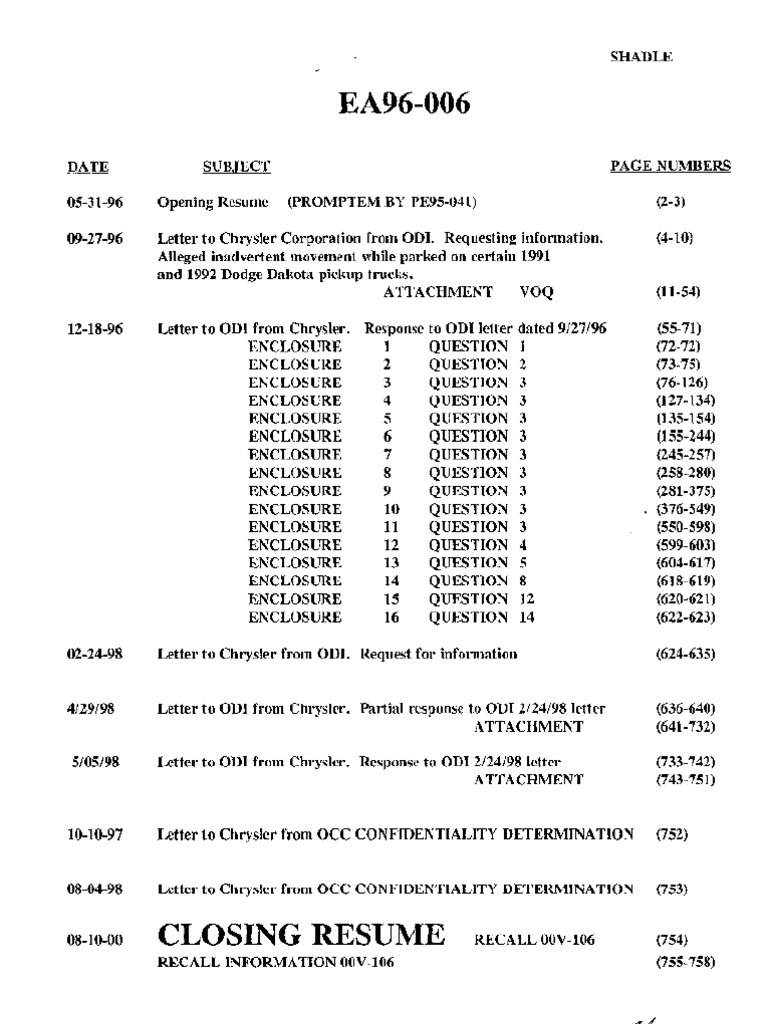 Letter From Chrysler To NHTSA Admitting Park To Reverse Defect | PDF