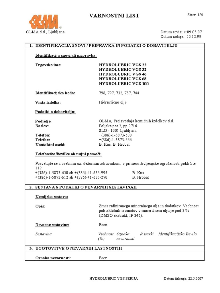 Hydrolubric VGS Serija MSDS SI | PDF