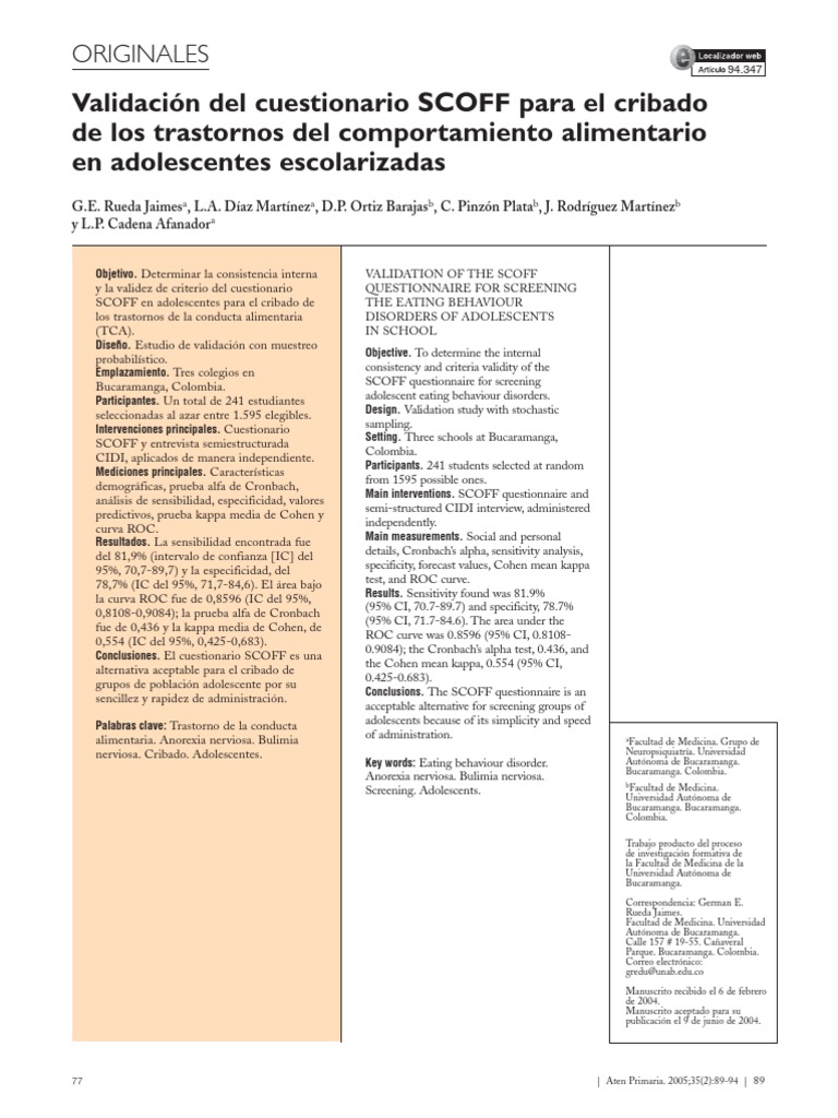 Validación Del Cuestionario SCOFF para El Cribado de Los Trastornos Del ...