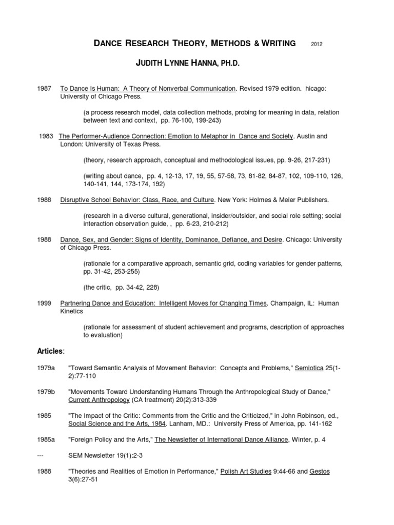 Dance Research Theory, Methods & Writing - Judith Lynne Hanna | PDF ...