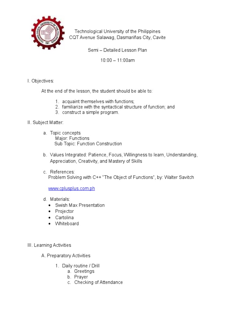 Functions Lesson Plan Pdf Subroutine Parameter Computer