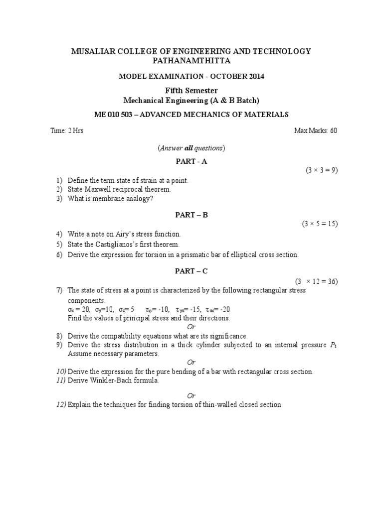 Advanced Mechanics of Materials Exam | PDF | Teaching Methods & Materials