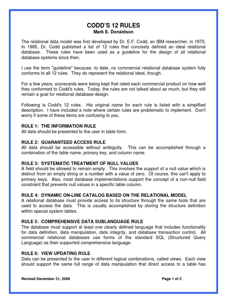 Codd's 12 Rules | PDF | Relational Database | Databases