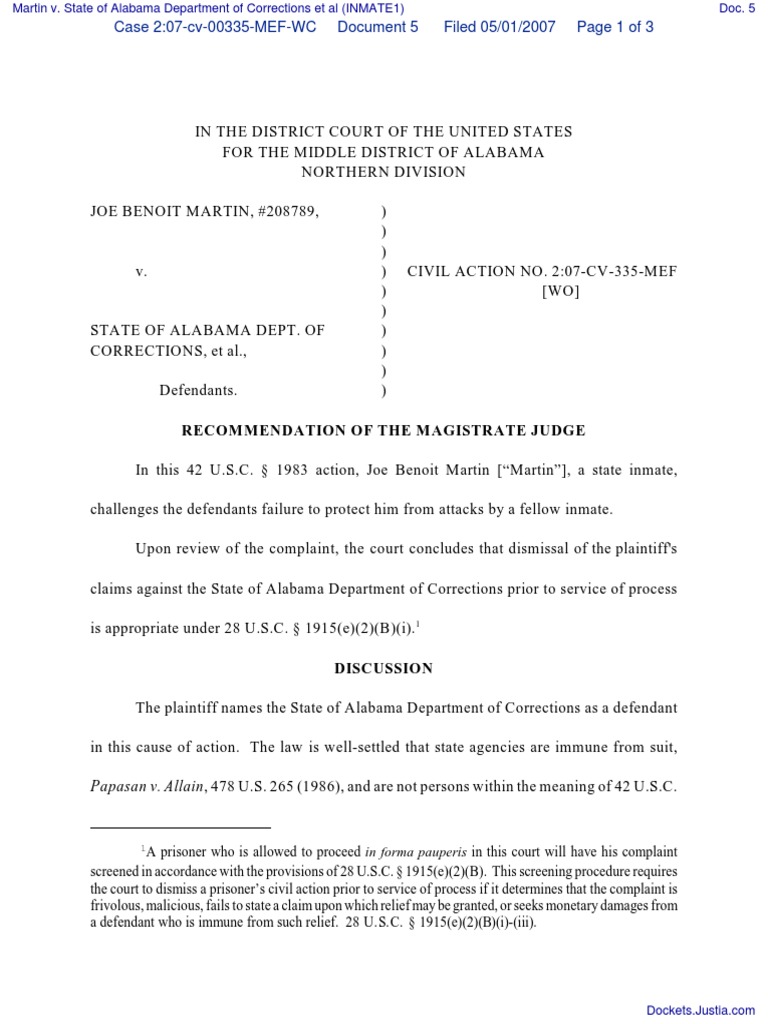 Martin v. State of Alabama Department of Corrections Et Al (INMATE1 ...