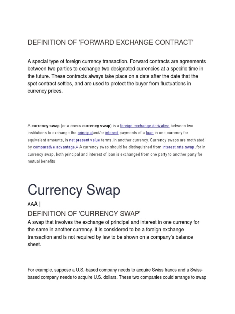Currency Swap: Definition of 'Forward Exchange Contract' | PDF ...