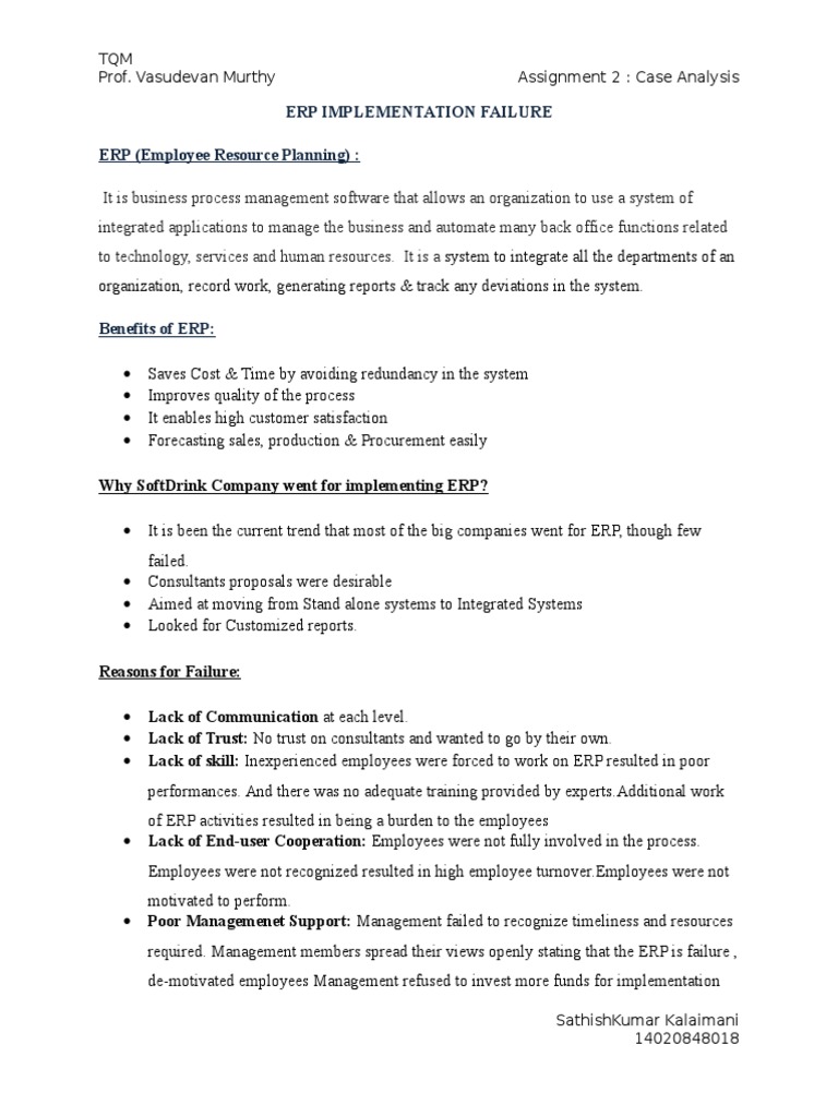 Case Study ERP Implementation Failure - SathishKumar Kalaimani | PDF | Enterprise Resource ...