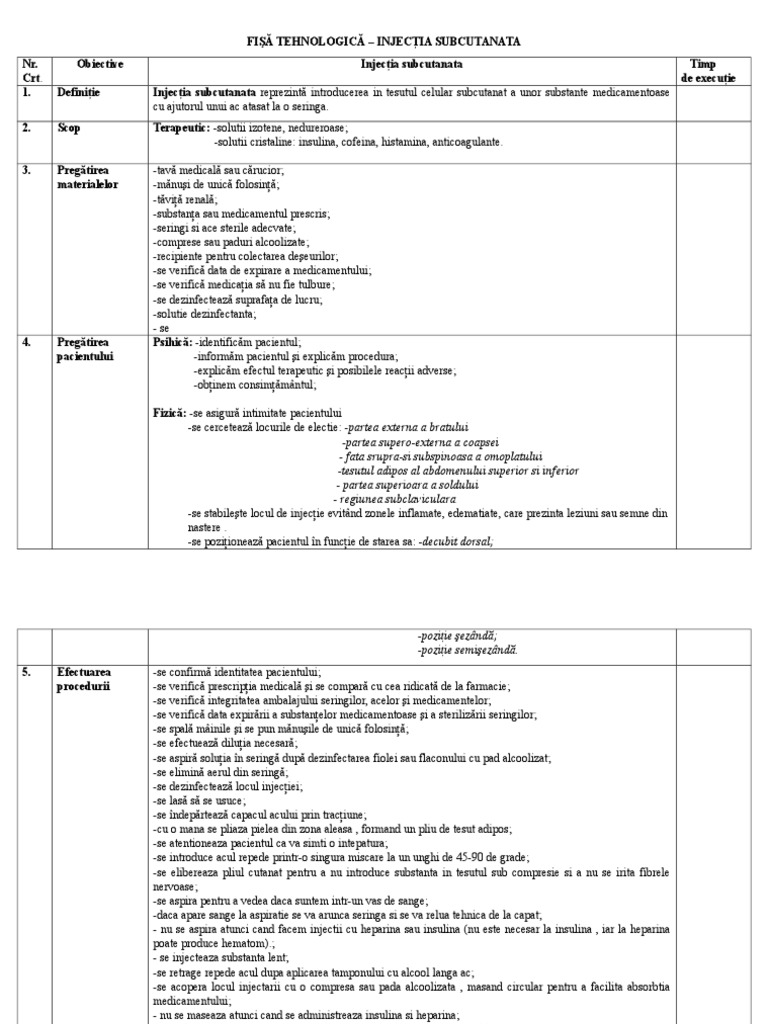 Fisa Tehnologica Injectia Subcutanata | PDF