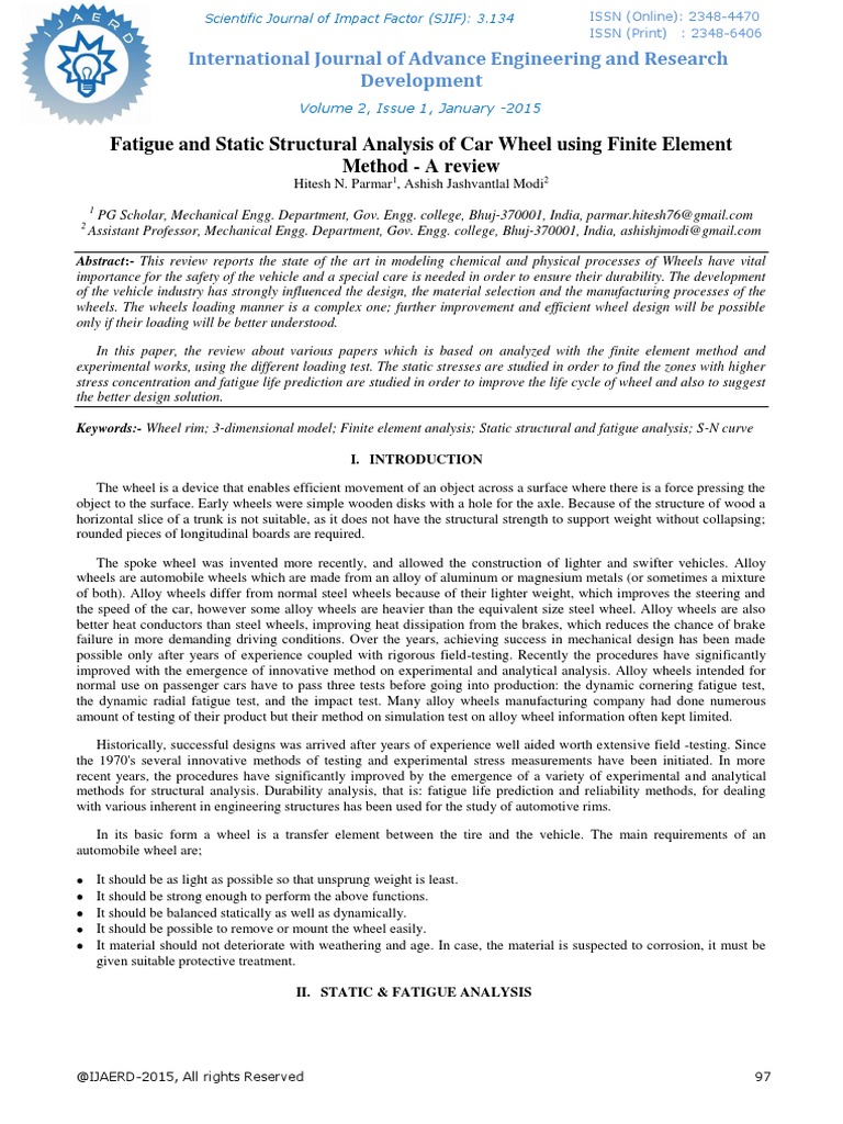 Fatigue and Static Structural Analysis of Car Wheel Using Finite Element Method - A Review-34038 ...