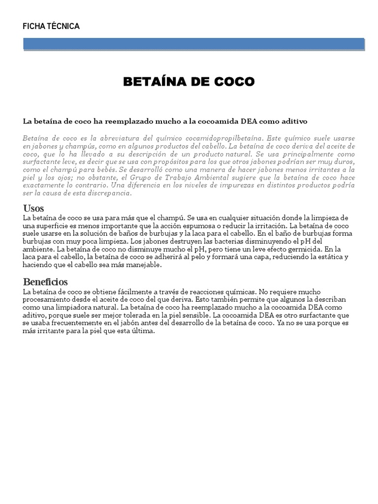 Usos y beneficios de la betaína de coco | PDF | Champú | Química