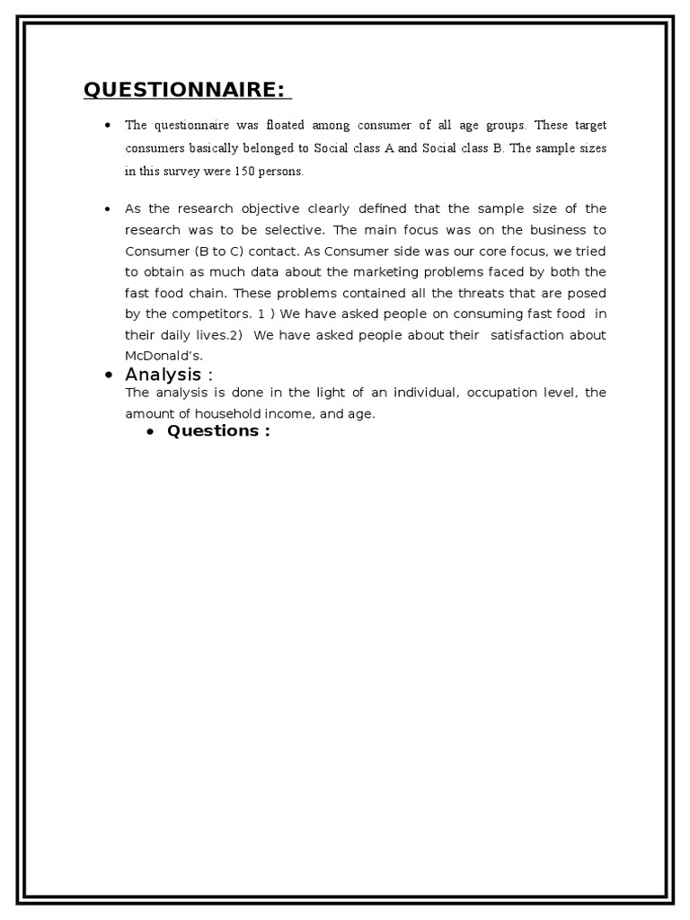 Marketing Questionnaire | PDF | Fast Food Restaurants | Mc Donald's