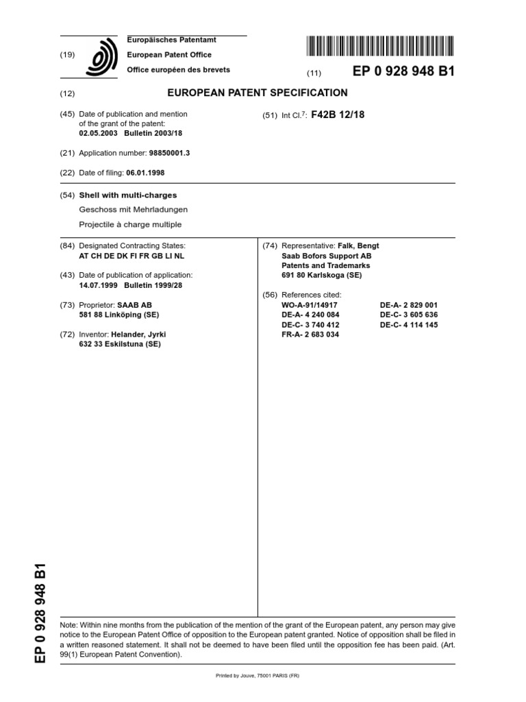 EP0928948B1 | PDF | Shell (Projectile) | Patent