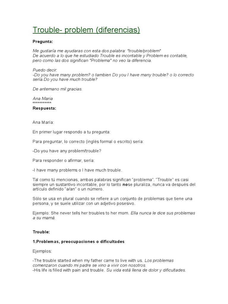 Trouble - Problem (Diferencias) | PDF | Unidades Semánticas | Morfología