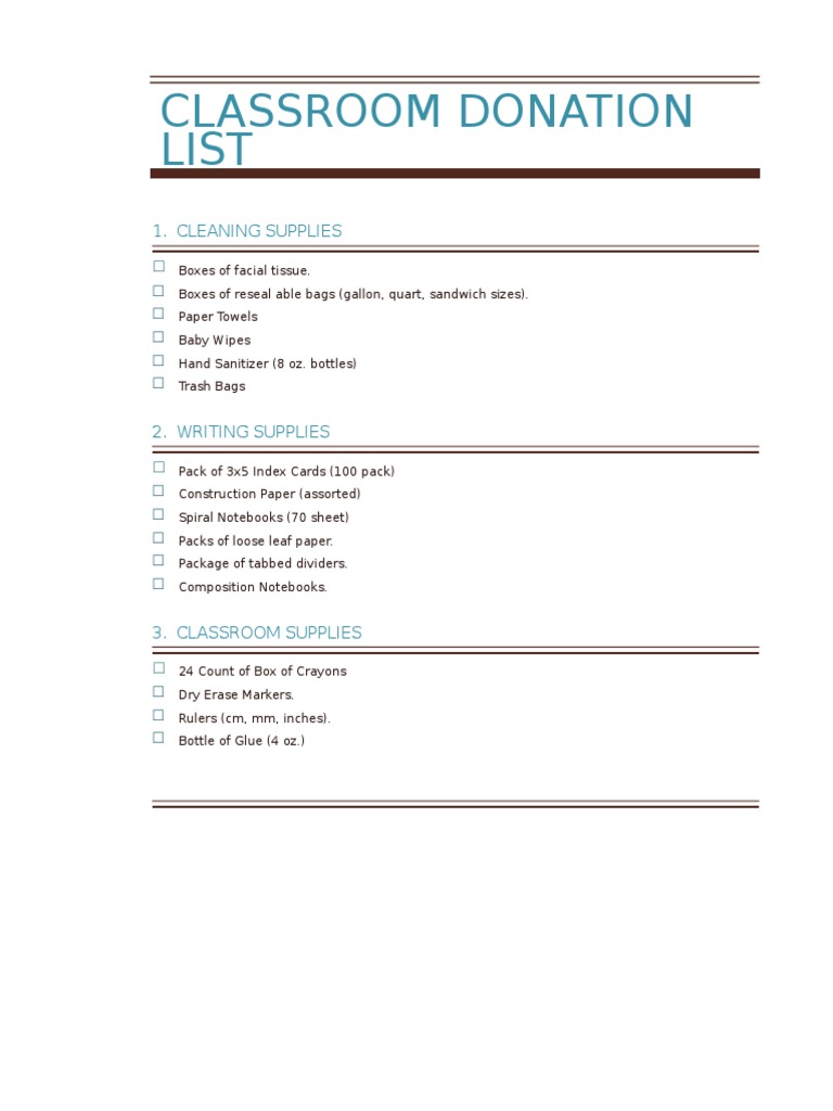 Classroom Donation List | PDF | Home & Garden | Lifestyle