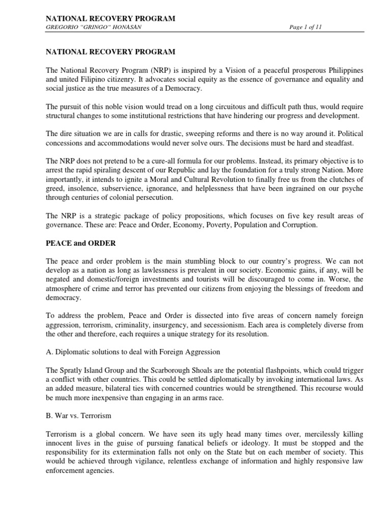 Gringo Honasan's National Recovery Program | PDF | Corruption | Poverty
