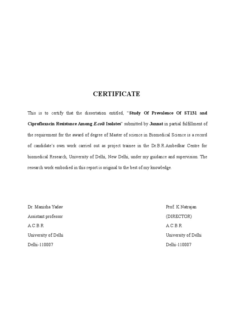 Certificate: Ciprofloxacin Resistance Among E.coli Isolates" Submitted ...