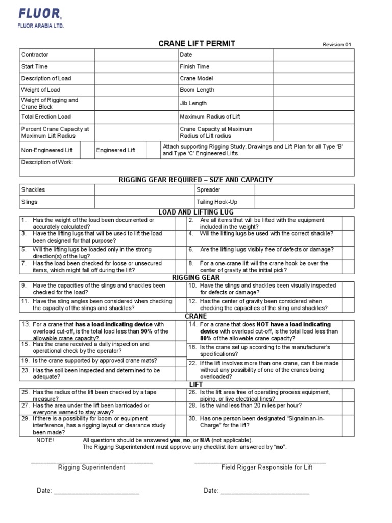 Crane Lifting Permit REVISION 01 | PDF | Crane (Machine) | Industries
