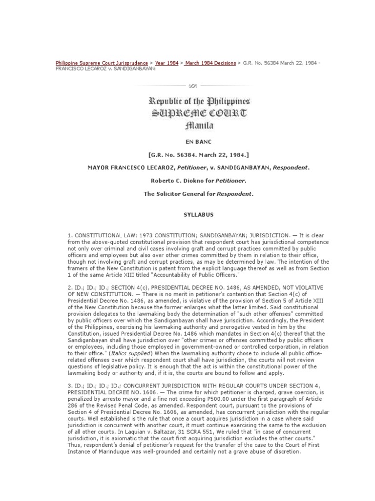 Lecaroz Vs Sandigandbayan 128 SCRA 324 | PDF | Impeachment | Jurisdiction