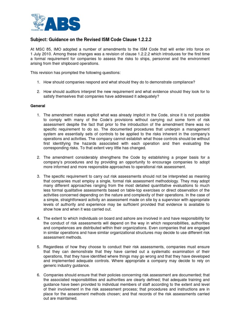 ABS Guidance On ISM Code Clause 1 2 2 2 | PDF | Risk Assessment | Audit
