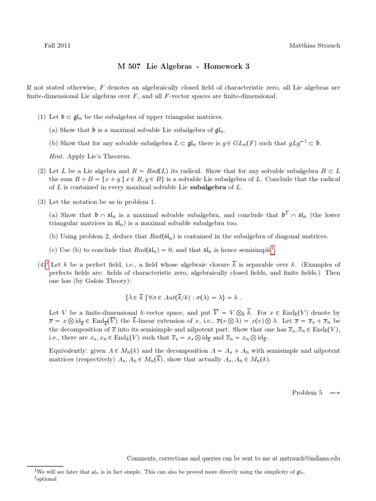M 507 Lie Algebras - Homework 3: N N N N 1 | PDF | Lie Algebra | Field ...